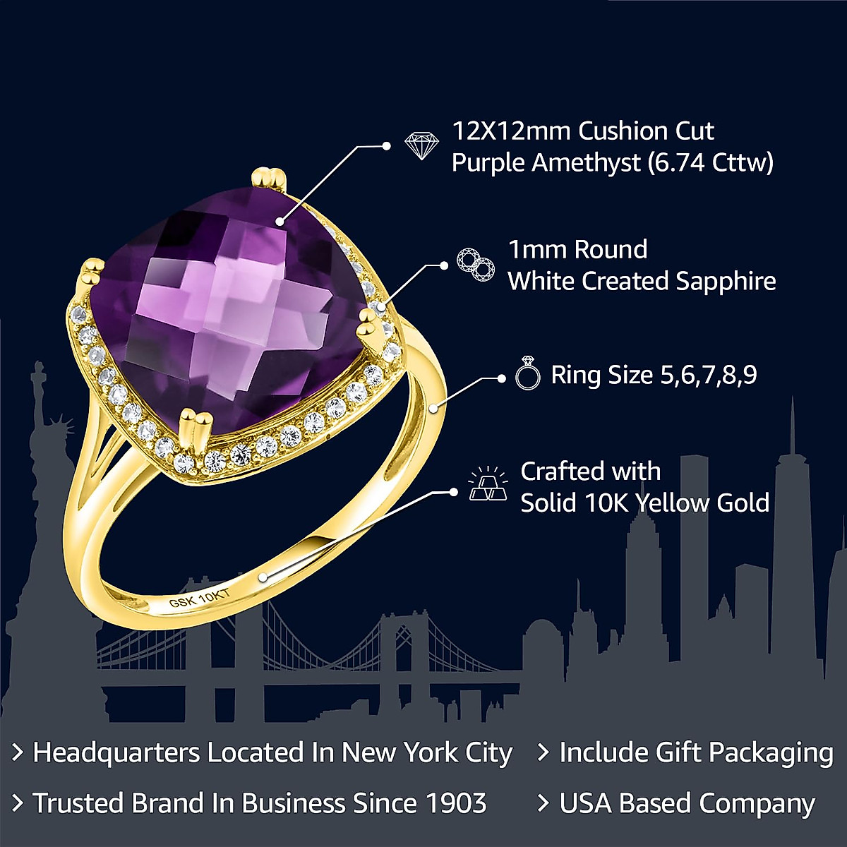 Gem Stone King 10K Yellow Gold Purple Amethyst and White Created Sapphire Ring For Women (6.74 Cttw, Cushion Cut 12MM, Gemstone Birthstone, Available 5,6,7,8,9) (Size 6)