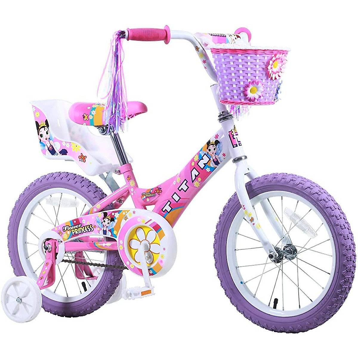 Titan Girl's Flower Princess BMX Bike for 4-9 Years Girls with Training Wheels 16 Inch Kids Toddler Bicycle with Utility Basket & Streamers - Pink