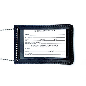 Neck Chain Double Sided ID Holder with 2 Clear Picture ID Windows, Leather Badge for Credential Pass to Wear Around The Neck for Police Law Enforcement, Business, Factory Worker (Black) (Vertical)