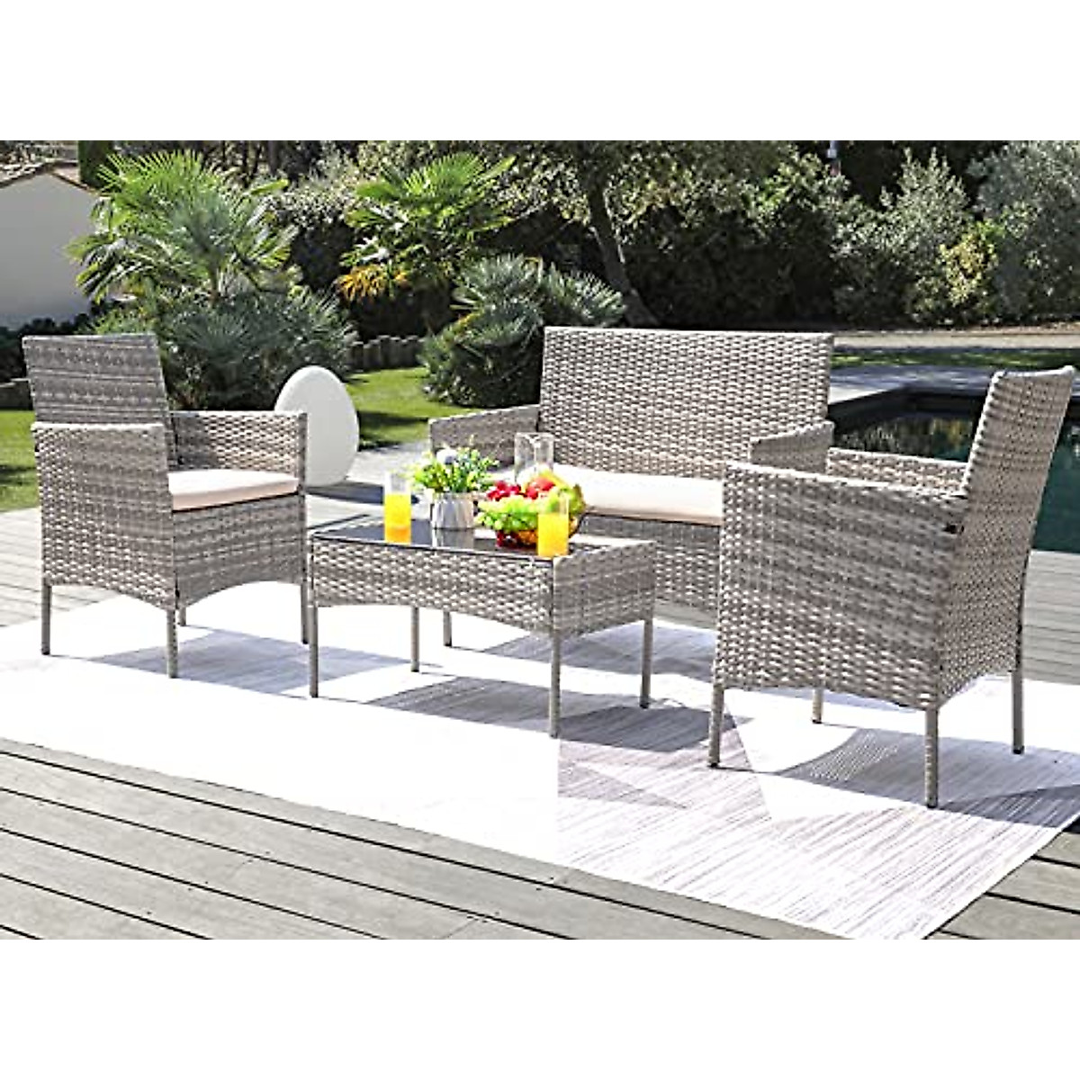 Greesum Patio Furniture 4 Pieces Conversation Sets Outdoor Wickerr Rattan Chairs Garden Backyard Balcony Porch Poolside loveseat with Soft Cushion and Glass Table, Gray and Beige