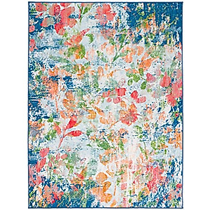 SAFAVIEH Paint Brush Collection Machine Washable Slip Resistant 5'5" x 7'6" Navy/Orange PTB157N Floral Distressed Living Room Dining Bedroom Area Rug