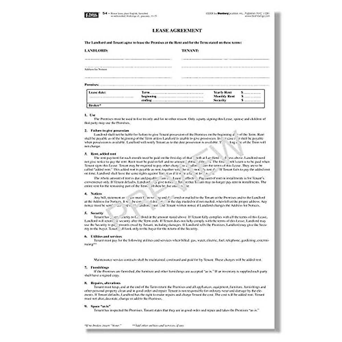 Blumberg New York Legal Forms (Form 54 Plain English 4 Pages 24 per pkg, House Lease Agreement Furnished or Unfurnished)
