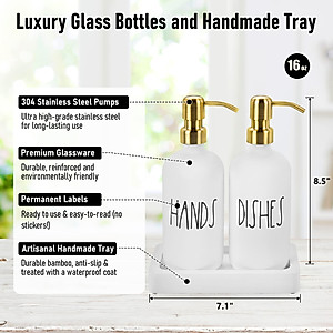 Luxury Gold Soap Dispenser for Kitchen Sink by Brighter Barns - White Glass Kitchen Soap Dispenser Set with Tray, Stainless Steel Pump - Modern Farmhouse Decor, White and Gold Kitchen Accessories