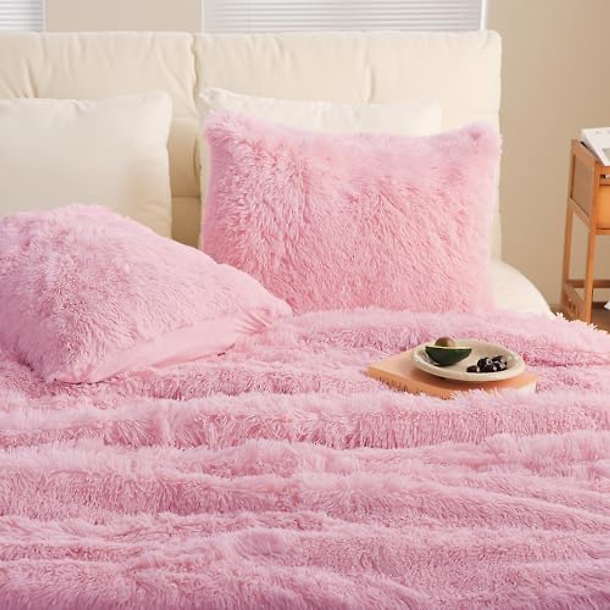 Syalife Plush Fluffy Bedding, Soft Shaggy Comforter Set Twin Size, Faux Fur Pink Shaggy Duvet Cover Set Comforter Cover with Pillow Sham (Twin, Pink)