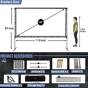 QILEBA Projector Screen with Stand, 120 Inch Outdoor Projection Screen, Portable Indoor HD 4K Thickened Wrinkle-Free Fast Folding Movie Screen with Carry Bag for Home Theater Camping Backyard Cinema