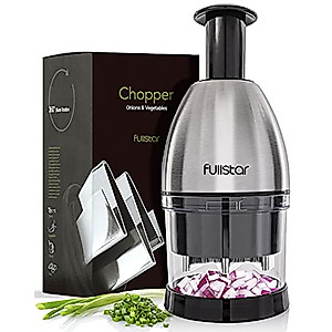 Fullstar Onion Chopper Hand Chopper for Vegetables - Stainless Steel Nut Chopper Manual Hand Food Chopper Handheld Food Chopper Vegetable Chopper Manual Onion Hand Chopper Onion Press Chopper- Silver