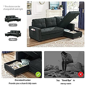 Sectional Sleeper Sofa with Pull-Out Bed, 85-inch Modern Fabric Upholstered L Shaped Sectional Couch Bed with Reversible Storage Chaise Side Pocket, Furniture for Living Room Bedroom Apartment, Black