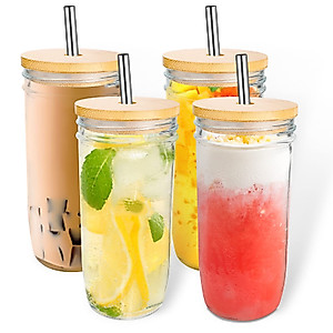 4 Pack Glass Cups with Lid and Straw, 24oz Boba Tea Cups, Wide Mouth Smoothie Cups, Reusable Drinking Glasses with Bamboo Lids for Beer, Boba Tea, Juice, Smoothie
