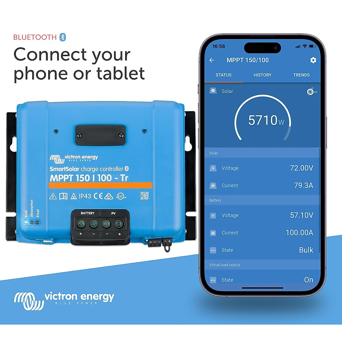 Victron Energy SmartSolar MPPT Tr 150V 100 amp 12/24/36/48-Volt Solar Charge Controller (Bluetooth)