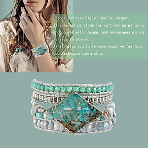 YGLINE Wrap Bracelets Crystal Beaded Bohemian Style Jasper Leather Woven Healing Stone Jewelry(Blue)