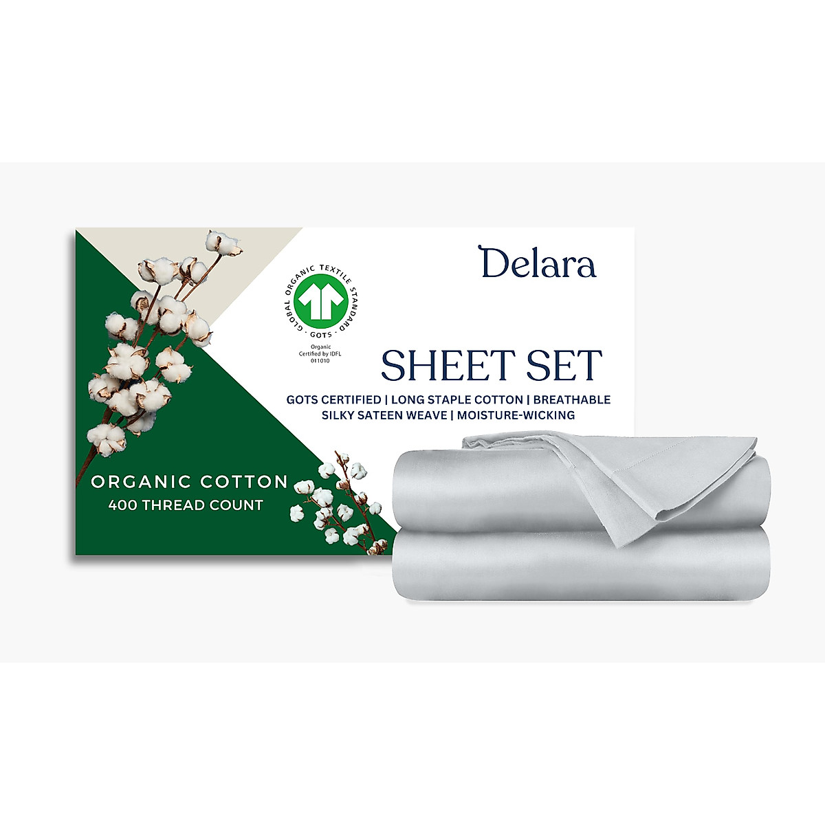 Delara GOTS Certified 100% Organic Cotton Sheets, 400TC Long Staple Cotton, Ultra Soft, Silky, Moisture-Wicking, Smooth & Breathable, with Elasticized Deep Pocket