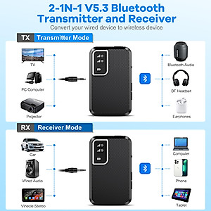 Swiitech Bluetooth Transmitter Receiver, 2-in-1 V5.3 Bluetooth Aux Adapter with LED Display, Portable Adapter for TV/Car/MP3 Player/Home Theater/Switch, Low Latency, Pairs 2 Devices Simultaneously