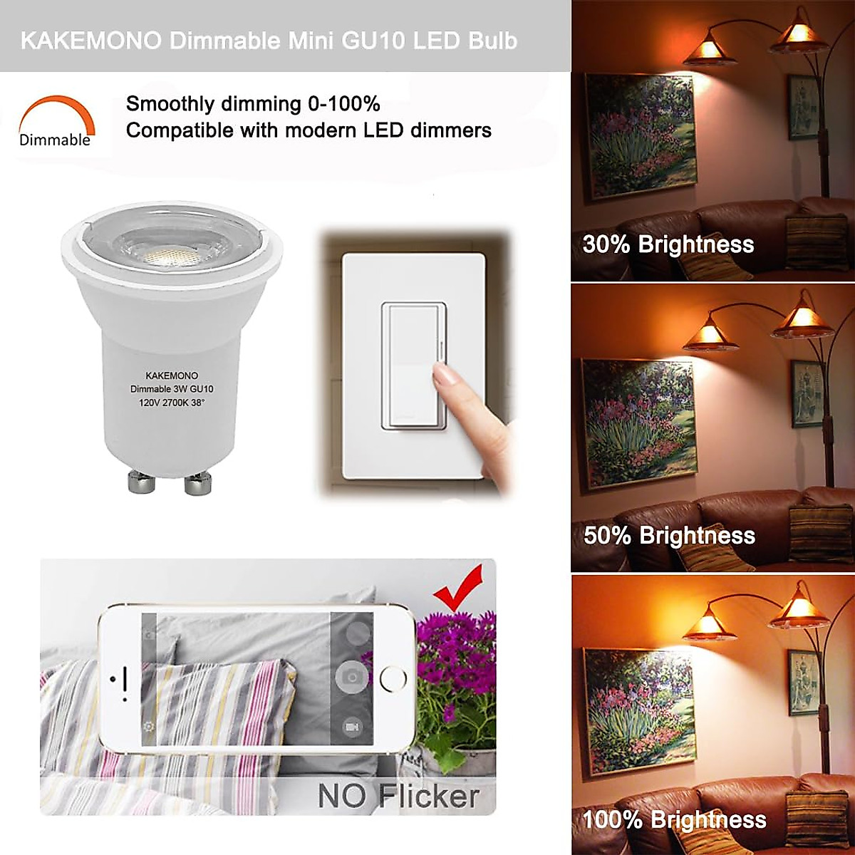 KAKEMONO Dimmable MR11 GU10 Base LED Bulb 35mm Mini/Small Spotlight 120V 3W Track Light, 20watt 35W Halogen Equivalent, Warm White 2700K, Pack of 4