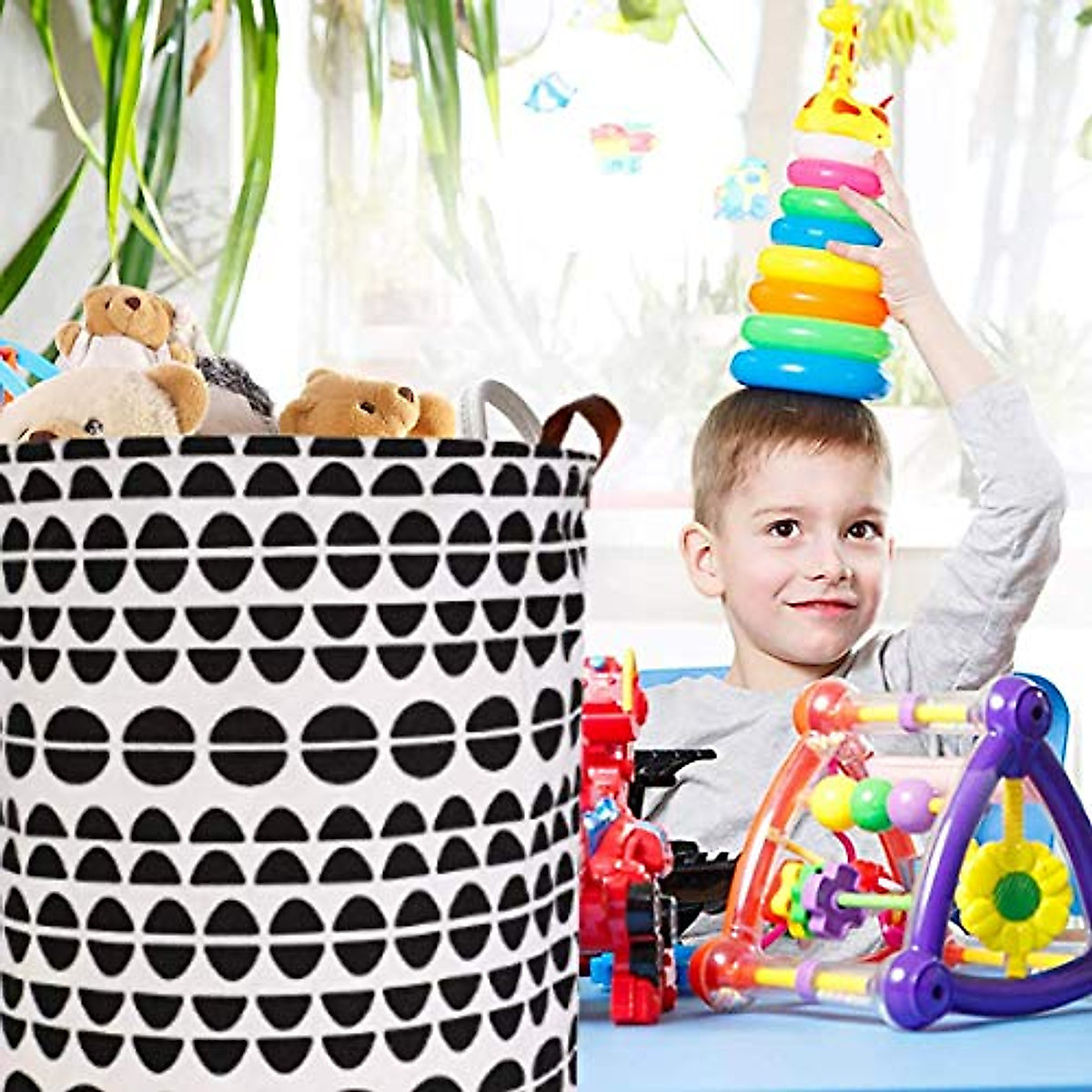 ModernHome & Co 19.7in Tall Laundry Basker Large Hamper Room Storage Decor Waterproof Foldable Canvas Laundry Baskets Kawaii Room Decor Baskets For Organizing Baby Hamper Laundry Bag (Black sm Polka)