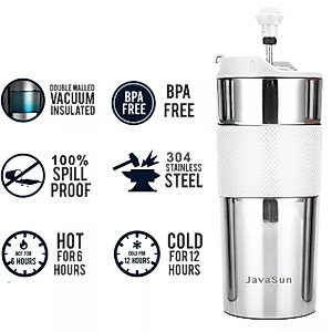 JavaSun French Press Travel Mug 16oz, Large Deluxe Coffee and Tea maker (White)