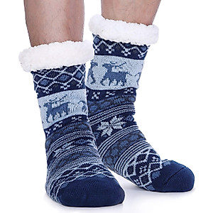 EBMORE Mens Slipper Fuzzy Socks Fluffy Winter Cabin Cozy Warm Soft Fleece Thick Comfy Christmas Gift Stocking Stuffers with Grips(Blue Deer)