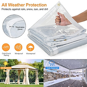 6 x 8FT Outdoor Clear Tarp Curtain Waterproof Wind-Proof 24 Mil Transparent Vinyl Tarp for Patio Pergola Garden Canopy Rainproof Anti-Tear PVC Thick Cover with Grommets