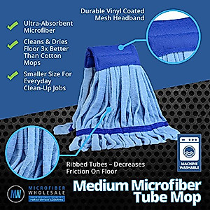 Commercial Mop Head Replacement - Medium Microfiber Tube Mop (14 oz.) | Industrial Wet Mops | Refill Heads, Machine Washable, Heavy Duty | Hardwood, Tile, Laminate, Vinyl Floors (Blue)