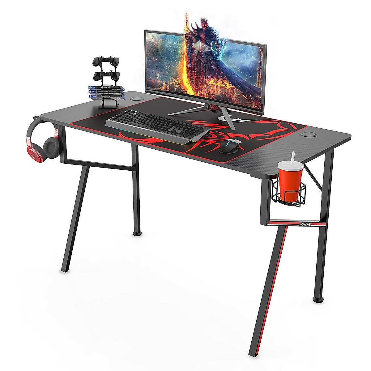 DESIGNA Gaming Desk 47'', K-Shaped Computer Desk, Office Desk Gamer Style with Mouse Pad, Cup Holder, Headphone Hook, Controller Stand, Easy to Assemble, Carbon Fiber Desktop, Black