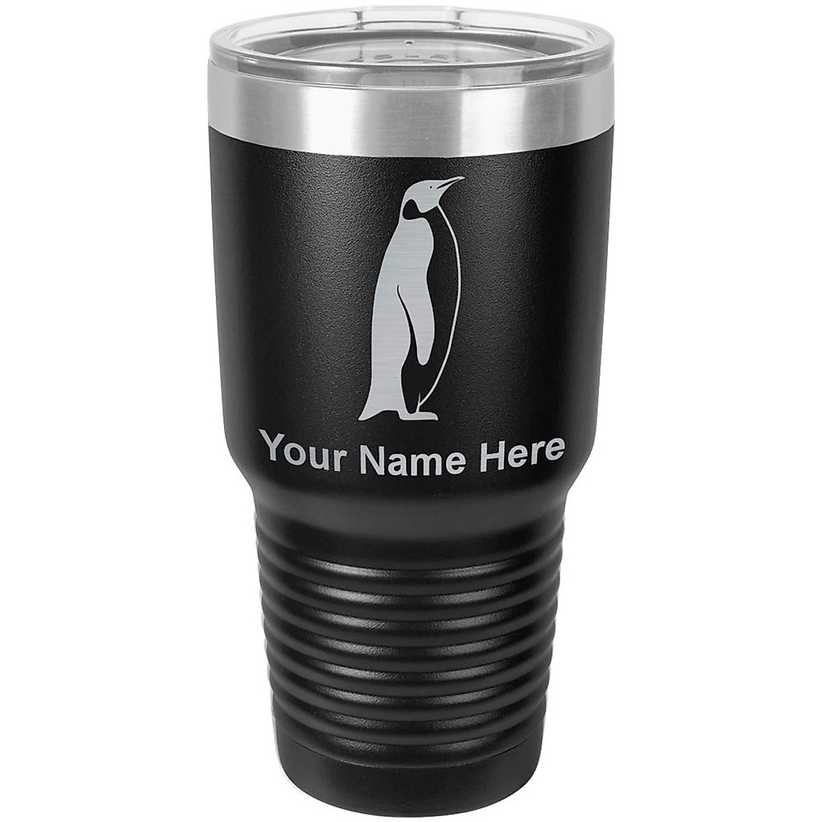 LaserGram 30oz Vacuum Insulated Tumbler Mug, Penguin, Personalized Engraving Included (Black)