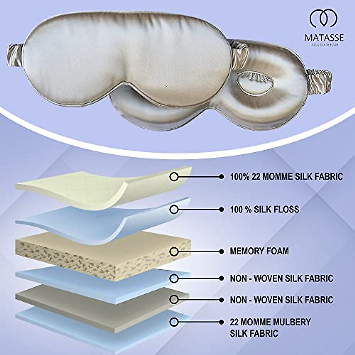 MATASSE Silk Your Life Silk Eye Sleeping Mask - 3D Contoured Eye Mask for Sleeping, Eye Cover Sleep Mask w/Silk Covered Strap for Women, Men, Genuine Mulberry Silk, Champagne Color