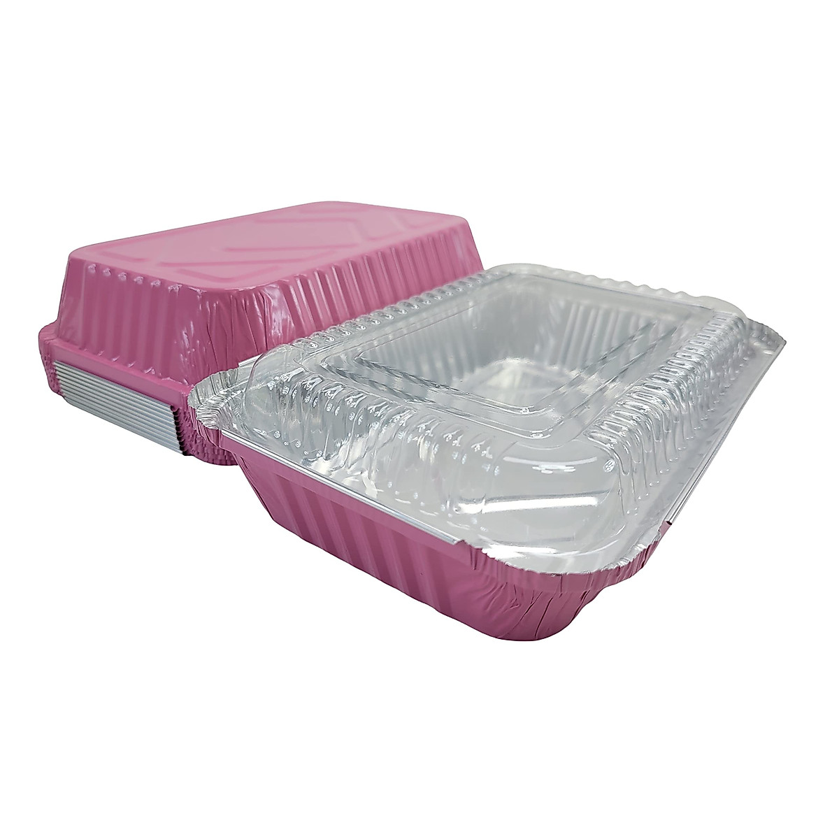 KitchenDance Colored Shallow Take Out Pans with Plastic lid - 1.5 Pounds Food Storage Aluminum Foil Baking Pan - Aluminum Pans Perfect for Cooking, Freezing, Preparing Food, 6417P (Pink, 50)