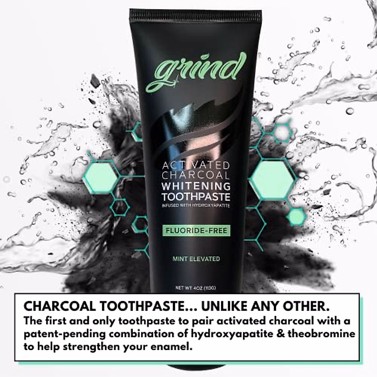 Grind Natural Toothpaste, Fluoride-Free - Dentist Recommended Hydroxyapatite, Theobromine & Activated Charcoal for Remineralizing, Sensitive Teeth, & Whitening, Made in USA, Vegan (4 oz)
