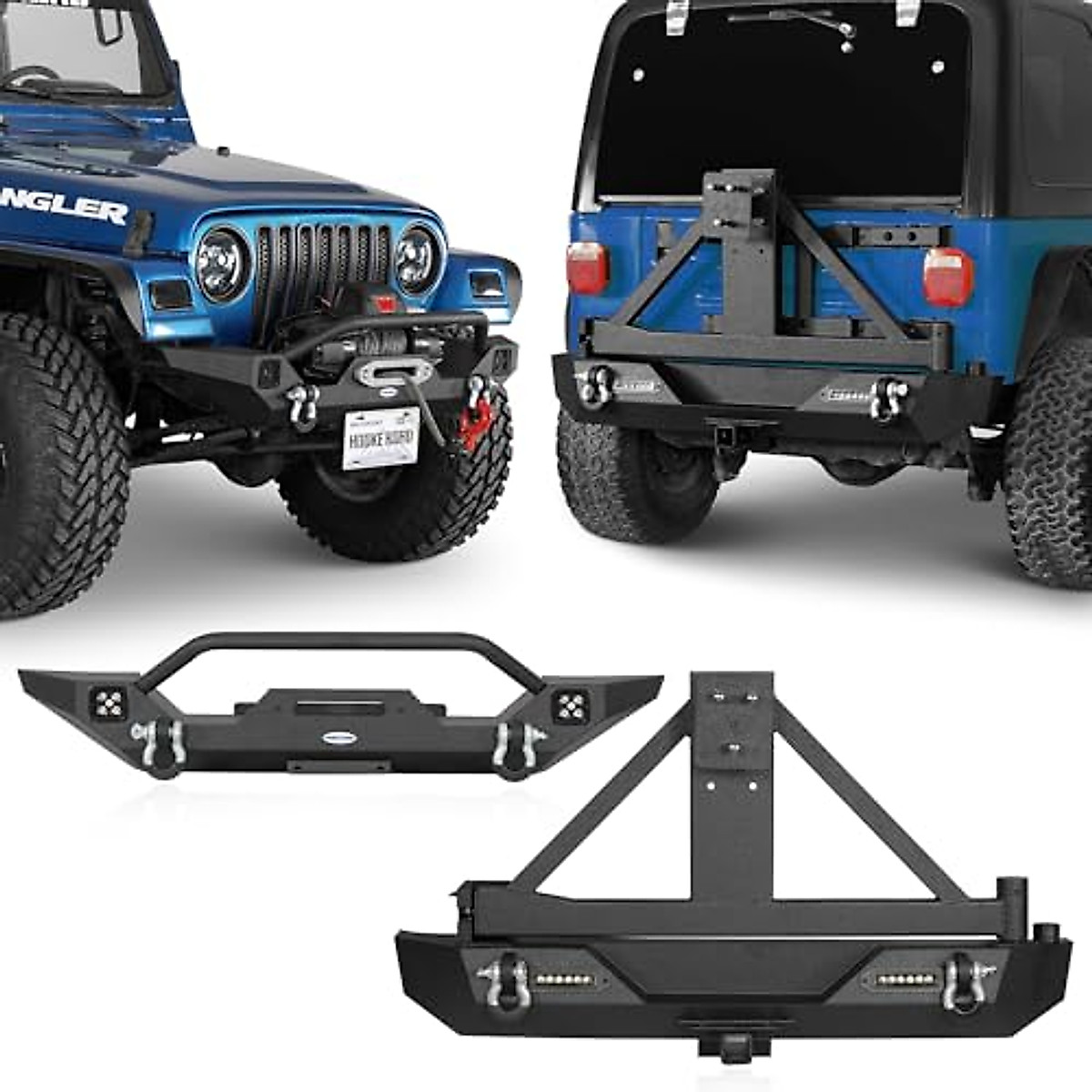 Hooke Road Wrangler TJ Rear Bumper with Tire Carrier + Front Bumpers Combo Compatible with Jeep Wrangler TJ 1997-2006