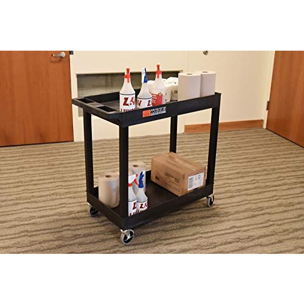 Offex 32" x 18" Mobile Multipurpose Utility Tub Cart with 2 Shelves and Push Handle - Black, Great for Warehouse, Garage and More