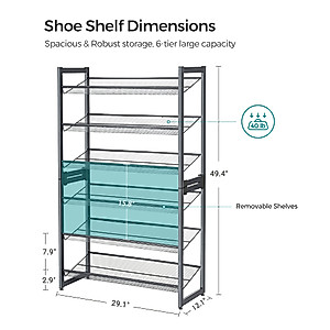 SONGMICS 6-Tier Shoe Rack Storage, Metal Shoe Organizer Stand for Garage, Entryway, Set of 2 3-Tier Stackable Shoe Rack Shelf, with Adjustable Flat or Angled Shelves, Holds 18-24 Pairs, Grey