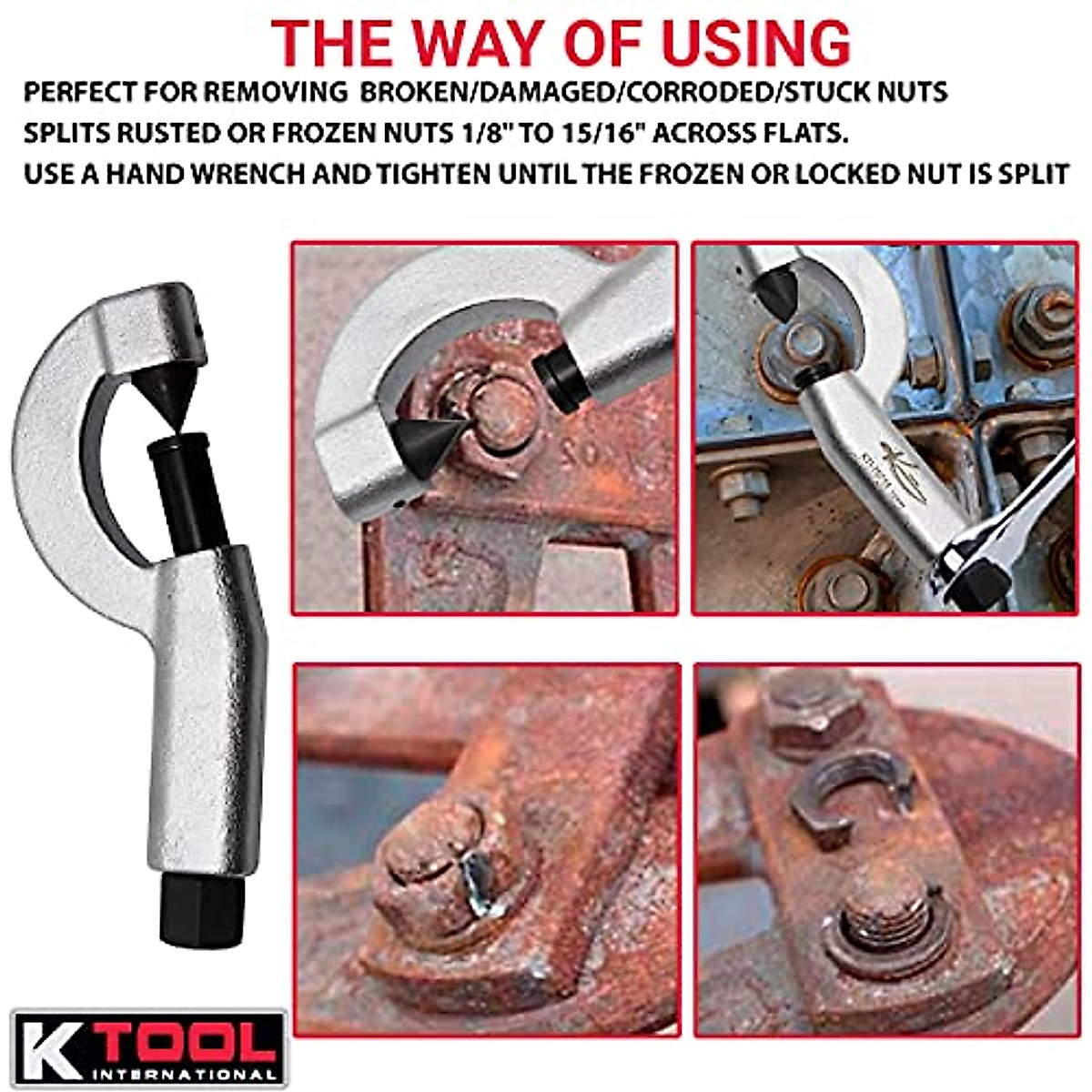 K Tool International 70715 Universal Automotive Nut Splitter Tool for Garages, Repair Shops, and DIY, Splits Nut Sizes 1/8"-15/16", 360 Degree Rotating Cutter, Heat Treated Drop Forged Frame, Silver