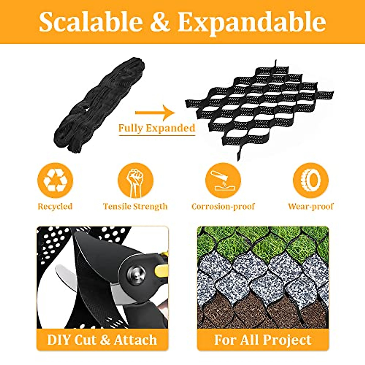 YUEWO Geo Grid Ground Grid 2 Inch (9x17FT) 155 sq ft Geocells Cellular Confinement System Geo Cell Grid Paver for Gravel Stabilizer for Light Duty Traffic Areas Foot Traffic with 30pcs Buckles