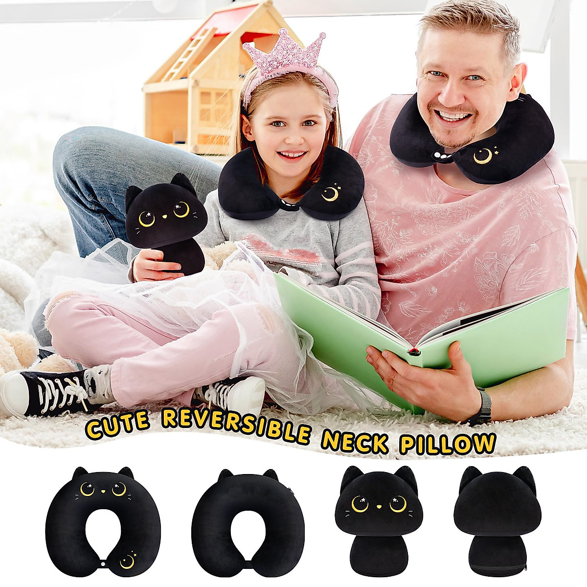 Kids Travel Pillow, 2 in 1 Deformable Kids Neck Pillow with U-Shaped Pillow & Cute Black Cat Animal Reversible Plush Toy for Airplane, Car, Train