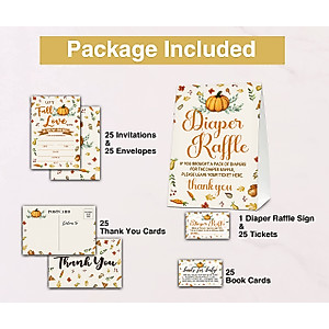 Fall Baby Shower Invitations Set, Thanksgiving Baby Shower Games, Pumpkin Diaper Raffle Sign & 25 Diaper Raffle Tickets, 25 Book Request Cards, 25 Baby Shower Invitations, 25 Thank You Cards (FALL02)