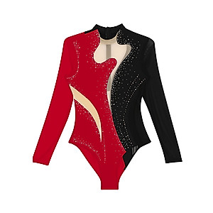 Aislor Women's Rhinestone Figure Skating Costume Sheer Mesh Long Sleeve Ballet Dance Gymnastics Leotard Black&Red Medium
