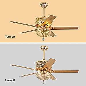 52 Inch Modern Luxurious Crystal Fan Chandelier Reversible Silent Ceiling Fan Light Three Wind Speed Adjustable with Remote Control 5 Blades Decorative Fan Light Fixture Bedroom Living Room(Gold）