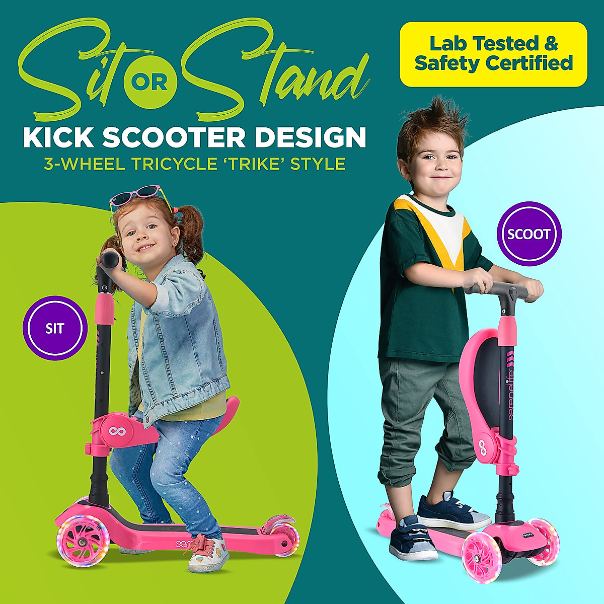 SereneLife 3 Wheeled Scooter for Kids - 2-in-1 Sit/Stand Child Toddlers Toy Kick Scooters w/ Flip-Out Seat, Adjustable Height, Wide Deck, Flashing Wheel Lights, Great for Outdoor Fun -SLKS26 (Pink)