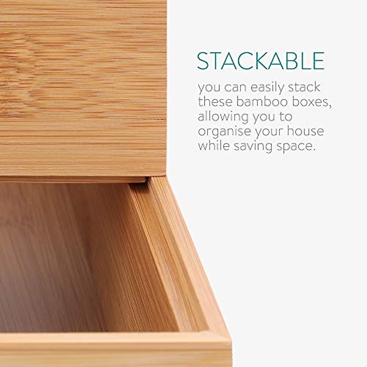 Navaris Bamboo Storage Boxes - Set of 2 Wood Stackable Box Organizers for Bedroom, Kitchen, Bathroom, Living Room, Makeup, Jewelry, Accessories