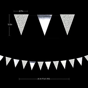 30 Ft Silver Party Decorations Glitter Metallic Paper Triangle Banner Flag Garland Pennant Bunting for Wedding Engagement Graduation Anniversary Bachelorette Birthday Baby Bridal Shower Party Supplies