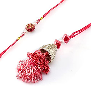 HATHKAAM 4 Pc Designer Lumba Rakhi for Brother and Bhabhi Set With Plate Traditional Rakhi Set for Brother and Bhabhi Decoration Thali Rakhi Lumba Set Platter , Two Vatis and 3 Pc Rakhi Set (HKRLP009A)