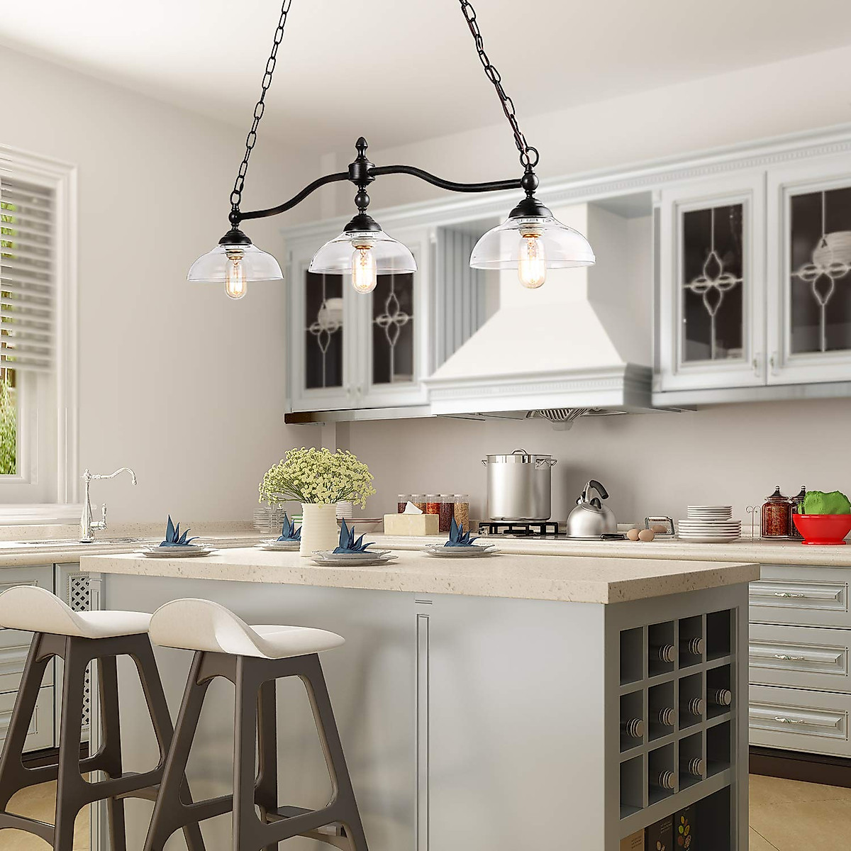 LOG BARN Dining Room Light Fixture Hanging, Farmhouse Chandelier in Rustic Black Metal with Clear Glass Shades, Adjustable Chains, Pendant for Kitchen Island