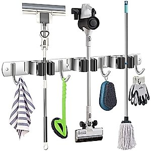 Tskcos Mop and Broom Holder Wall Mount Heavy Duty, Sturdy Stainless Steel Broom Garden Garage Tool Organizer, Mop Broom Hooks Hanger Storage Rack for Home Organizing (3 Racks 4 Hooks)