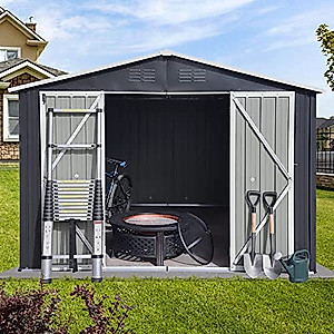 EMKK 10x8 FT Outdoor Storage Shed with Floor,Tool Garden Metal Sheds with Lockable Door,Outside Waterproof Galvanized Steel Storage House for Backyard Garden, Patio, Lawn