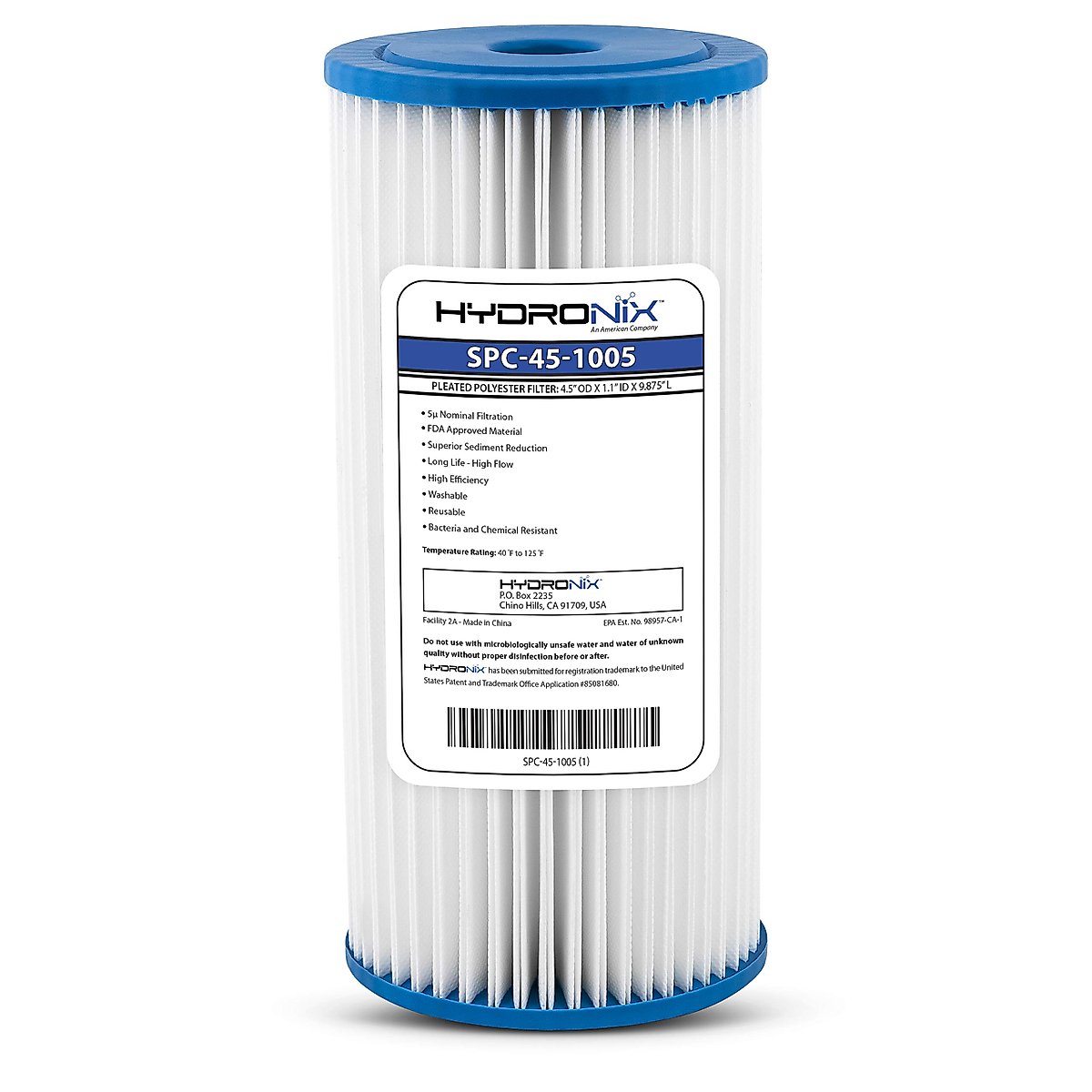 Hydronix - HYDRONIX-SPC-45-1005 SPC-45-1005 Polyester Pleated Filter 4.5" OD X 9 3/4" Length, 5 Micron