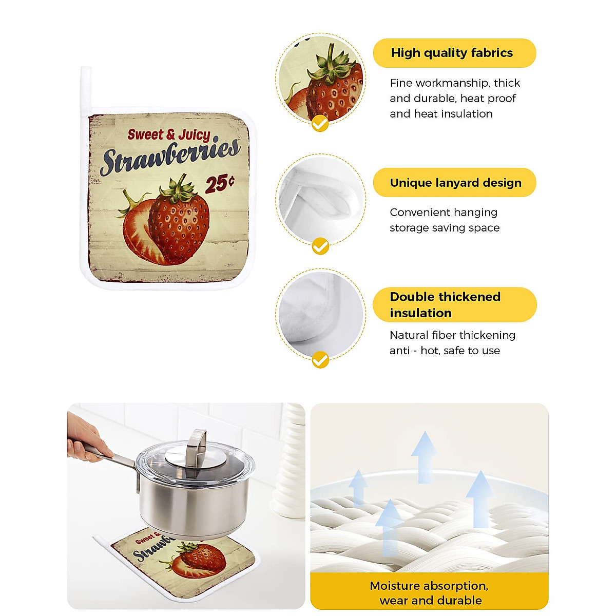 5 PCS Pot Holders with Hanging Loops, Red Strawberry Heatresistant Potholders Coasters Mat for Kitchen Cooking Baking BBQ Vintage Rural Shabby Grain