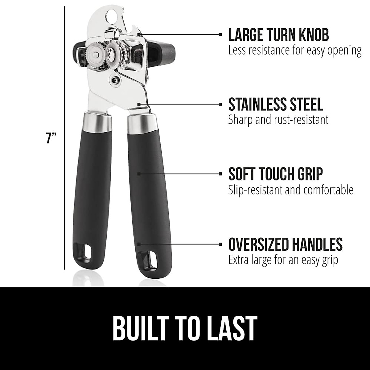 Gorilla Grip Hand Held Can Opener and Meat Tenderizer, Large Lid Openers Rust Proof, Heavy Duty Meat Tenderizer Soft Grip Handle, Both in Black, 2 Item Bundle