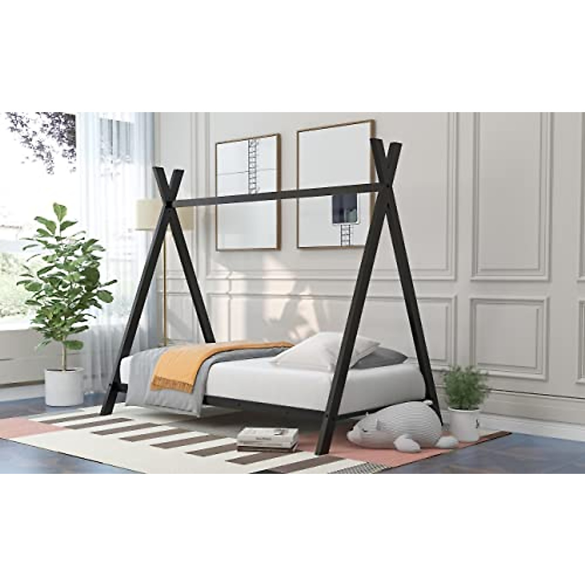 Cute Twin Bed Frame, Twin Metal Bed Frames Black Platform Bed Frame Metal Floor Play House Bed with Slat 75 Inch