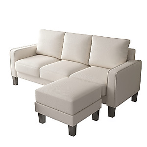 Myshle Convertible L-Shape Sofa with Storage Space, Upholstered Sleeper Sofa Couch with Square Arm,Bedroom,Relax Lounge,Office,Waiting Room, 4-Seater, Polyester, Beige