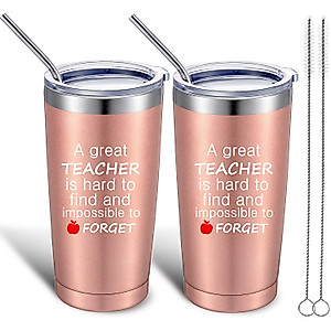 2 Pack Thank You Teacher Appreciation Gifts for Women Teacher, a Great Teacher Is Hard to Find and Impossible to Forget Coffee Cup Travel Mug for Christmas, 20 oz Vacuum Insulation Tumbler (Rose Gold)