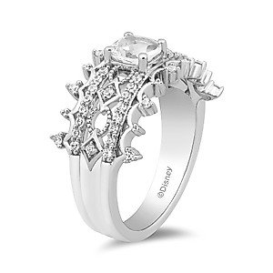 Jewelili Enchanted Disney Fine Jewelry Sterling Silver 5x5 MM Cushion Shape White Topaz and 1/3 Cttw Natural White Round Diamond Majestic Princess Engagement Ring, Size 8